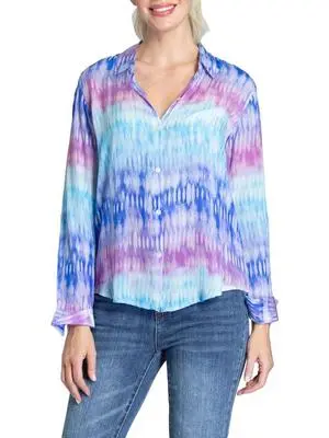 APNY Print Roll-up Sleeve Chiffon Button-up Shirt - Purple Multi