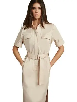 REISS Aimie Cotton-blend Belted Midi Dress - Stone
