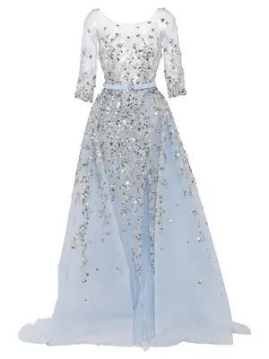 SAIID KOBEISY Beaded Tulle Gown With Belt - Blue