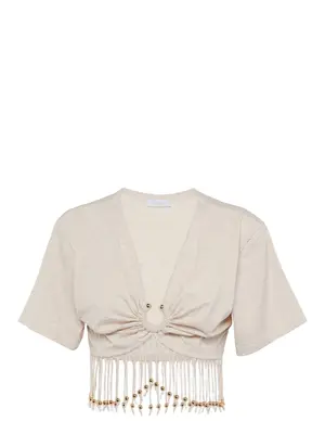 Rabanne Fringed Beaded Crop Top - Neutrals