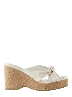 JIMMY CHOO Avenue 110 Knotted Leather Platform Wedge Mules - White
