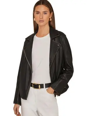 REISS Beau Relaxed Leather Biker Jacket - Black