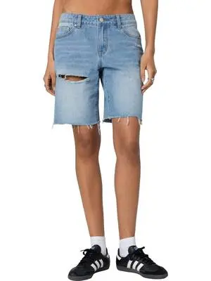 EDIKTED Riptide Ripped Denim Bermuda Shorts - Blue-washed