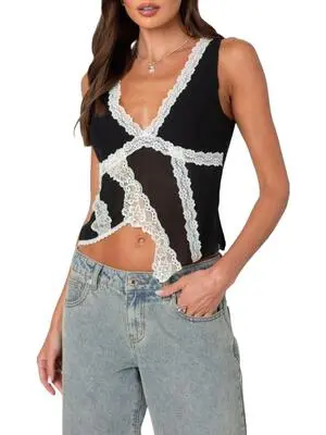 EDIKTED Asymmetric Lace Trim Chiffon Tank Top - Black-and-white