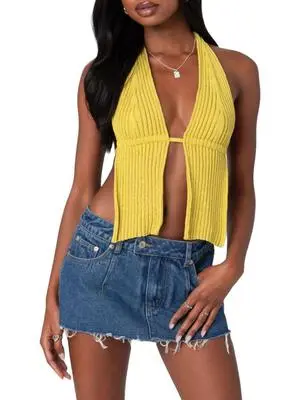 EDIKTED Caraway Split Front Open Back Rib Halter Top