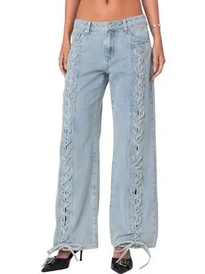 EDIKTED Laced Up Wide Leg Jeans - Light-blue