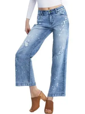 WASH LAB DENIM Relaxed Distressed Ankle Wide Leg Jeans - Beloved Blue