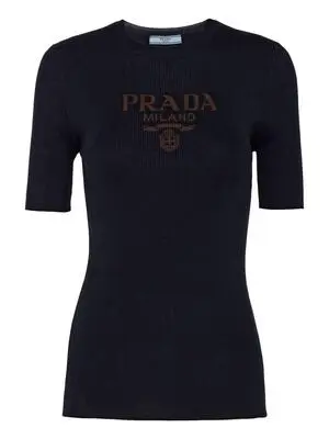 Prada Prada Logo-Jacquard Silk Top Blue