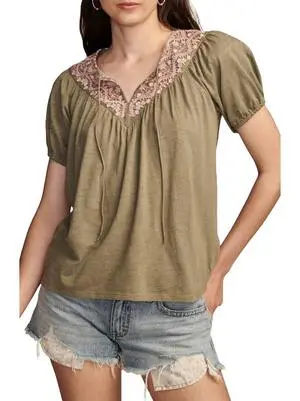 Lucky Brand Embroidered Split Neck Top Dusty Olive