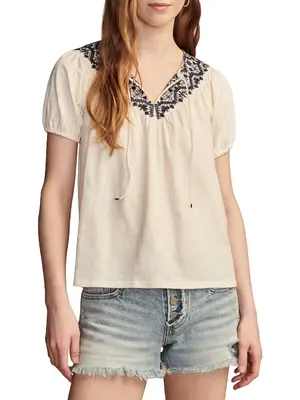 Lucky Brand Embroidered Split Neck Top Whisper White