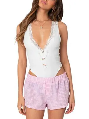 EDIKTED Rosette Lace Trim Bodysuit - White