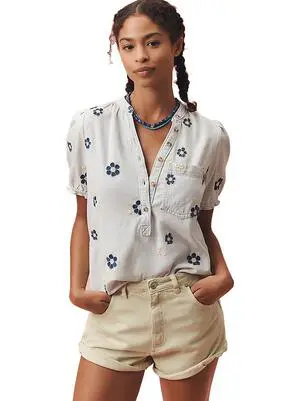 PILCRO Pilcro Aly Puff-Sleeve Embroidered Blouse Medium Denim