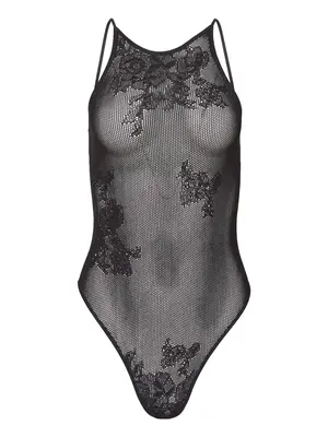 Fleur Du Mal Pointelle-knit Lace Racer Bodysuit - Black