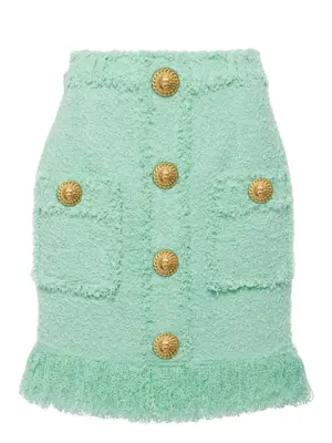 Balmain Fringed Tweed Miniskirt - Green