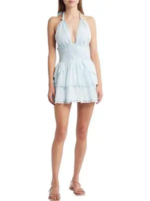 LoveShackFancy Deanna Embroidered Halter Minidress - Blue