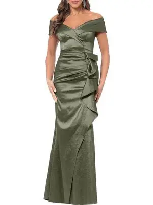 XSCAPE EVENINGS Off-the-shoulder Taffeta Gown - Olive