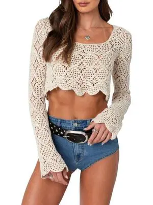 EDIKTED Tessie Long Sleeve Crochet Top - Beige
