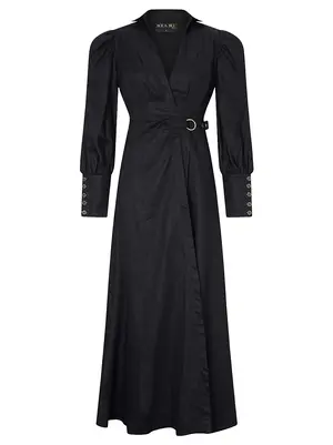 AQUA BLU AUSTRALIA Celine French Linen Wrap Maxi Dress - Nero