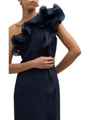 Rickie Freeman For Teri Jon One-shoulder Ruffle Gown - Navy