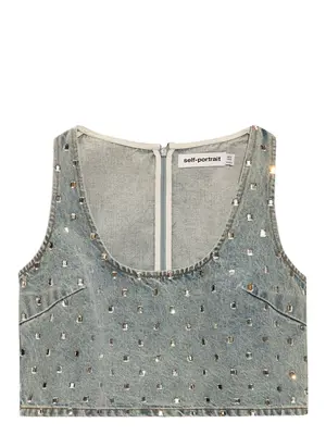 SELF-PORTRAIT Rhinestone-embellished Denim Top - Blue