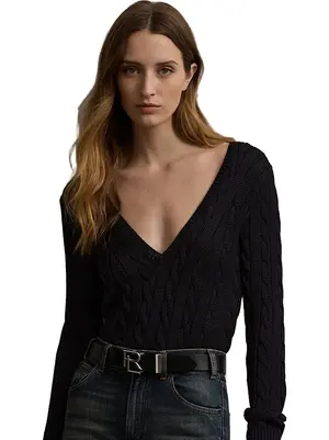 Ralph Lauren Cable-knit Silk V-neck Sweater - Black