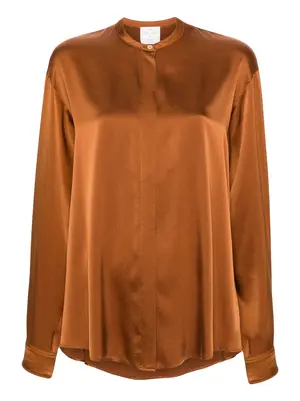FORTE_FORTE Band-collar Satin Shirt - Brown