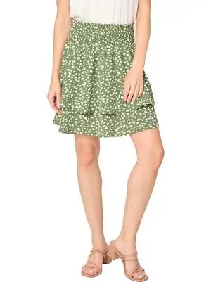 GIBSONLOOK Printed Tiered Skirt With Smocked Waist - Dark Olive Dot Print