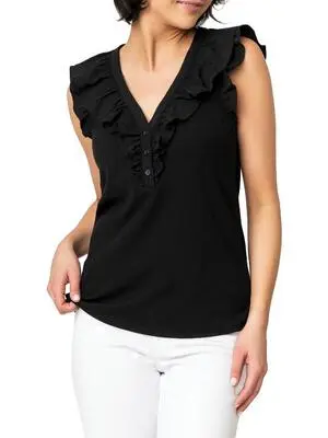 GIBSONLOOK GIBSONLOOK Ruffle Trim Mixed Media Top Black