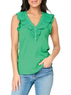 GIBSONLOOK Ruffle Trim Mixed Media Top - Grass Green