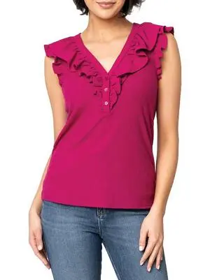 GIBSONLOOK GIBSONLOOK Ruffle Trim Mixed Media Top Magenta