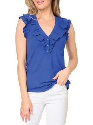 GIBSONLOOK Ruffle Trim Mixed Media Top - Royal Blue
