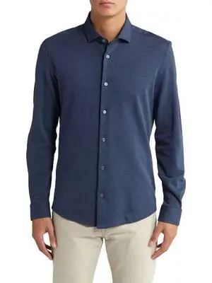 Stone Rose Solid Performance Piqué Button-up Shirt - Navy