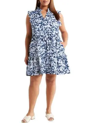 Caslon Caslon(r) Floral Ruffle Gauze Dress Navy S- White Brushed Blooms