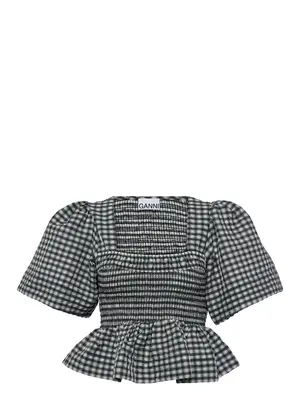 GANNI Checked Seersucker Peplum Top - Black