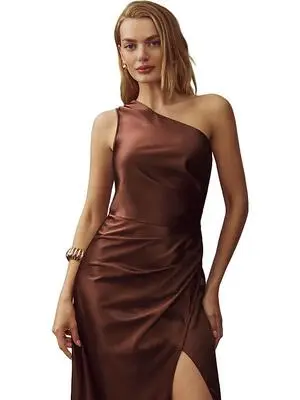 Bhldn Scottie One-shoulder Satin Maxi Dress - Chocolate