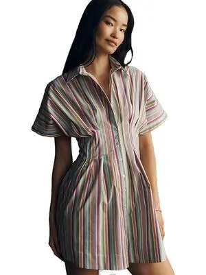 EXQUISE Tobie Mini Shirt Dress With Pleats And Exaggerated Sleeves - Multi Stripe