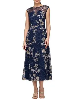 Js Collections Brynn Floral Embroidered Mesh A-line Dress - Navy/ Blush