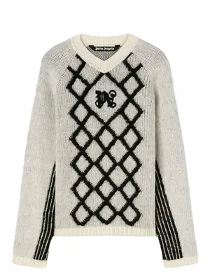 Palm Angels Logo-embroidered Argyle Jumper - White