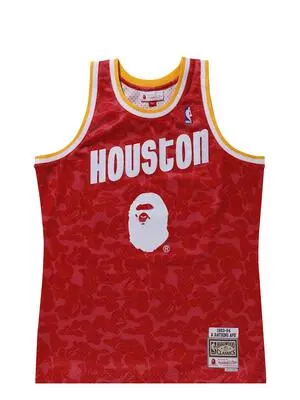 A BATHING APE X Mitchell Ness Rockets Camo Basketball Swingman Jersey - Red