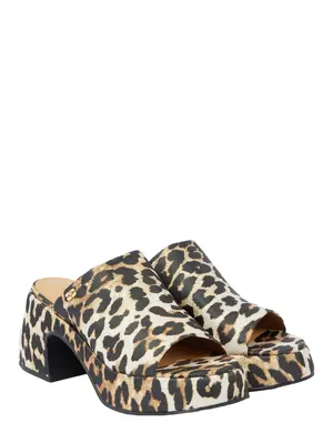 GANNI Leopard-print Satin Platform Mules - Brown