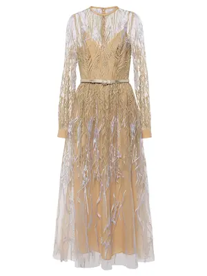 Elie Saab Embroidered Tulle Midi Dress - Beige
