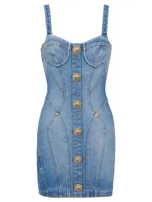 Balmain Button-embellished Denim Mini Dress - Blue