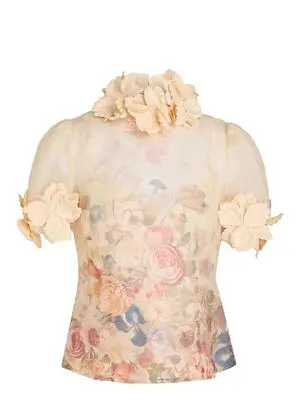 Zimmermann Floral Appliquéd Linen And Silk-blend Top - Cream