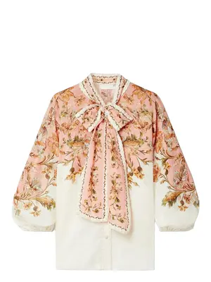 Zimmermann Chintz Pussy-bow Floral-print Embroidered Ramie Blouse - Antique Rose