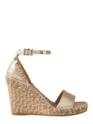 Valentino Garavani Rockstud 105 Metallic Textured-leather Espadrille Wedge Sandals - Gold