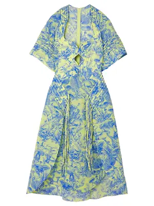 Stella McCartney Fringed Cutout Printed Silk And Cotton-blend Midi Dress - Pastel Yellow