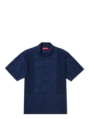 Supreme Mesh Panel Linen Short Sleeve Shirt - Navy Blue