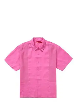 Supreme Mesh Panel Linen Short Sleeve Shirt - Pink