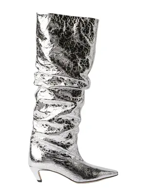 MSGM Ruched Foiled Leather Boots - Silver