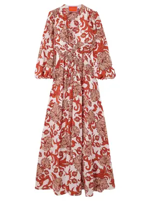 La DoubleJ Long Camerino Ruffled Printed Silk Maxi Dress - Orange